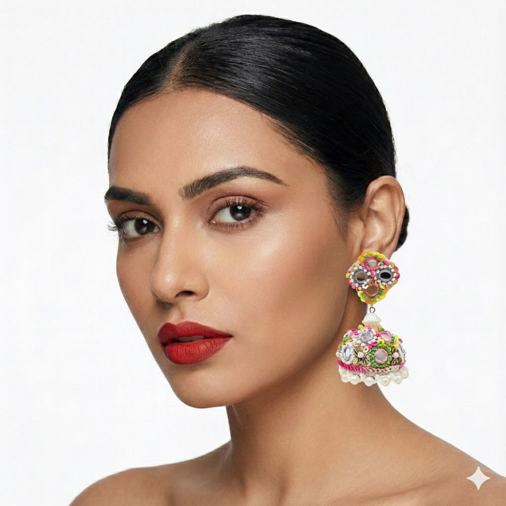 Mirror Work Jhumka Earrings & Maang Tika Set | Multicolored – The Glam ...