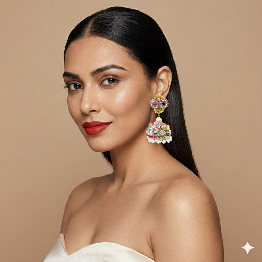 Mirror Work Jhumka Earrings & Maang Tika Set | Multicolored – The Glam ...